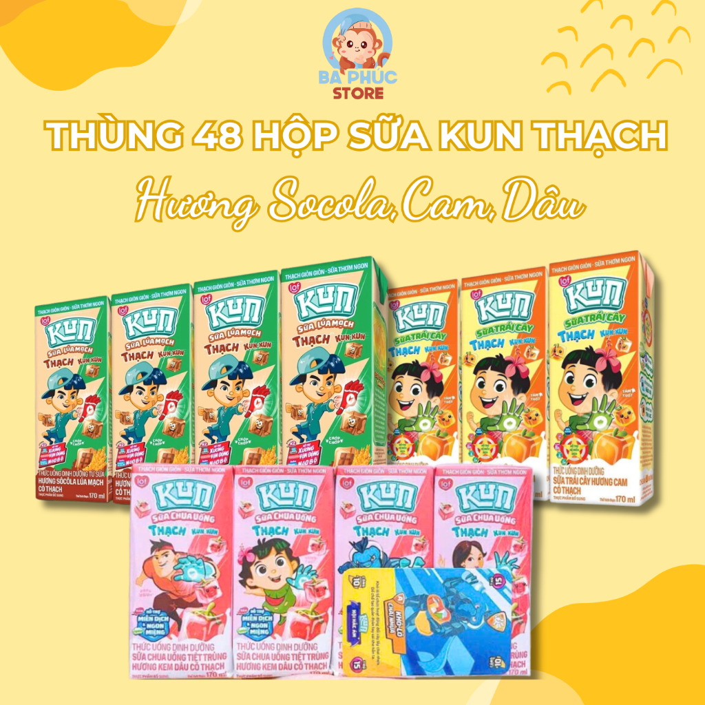 Thùng 48 hộp Sữa Kun Thạch Hương Socola/Cam/Dâu Thạch Dai Dai Bùng Nổ ...