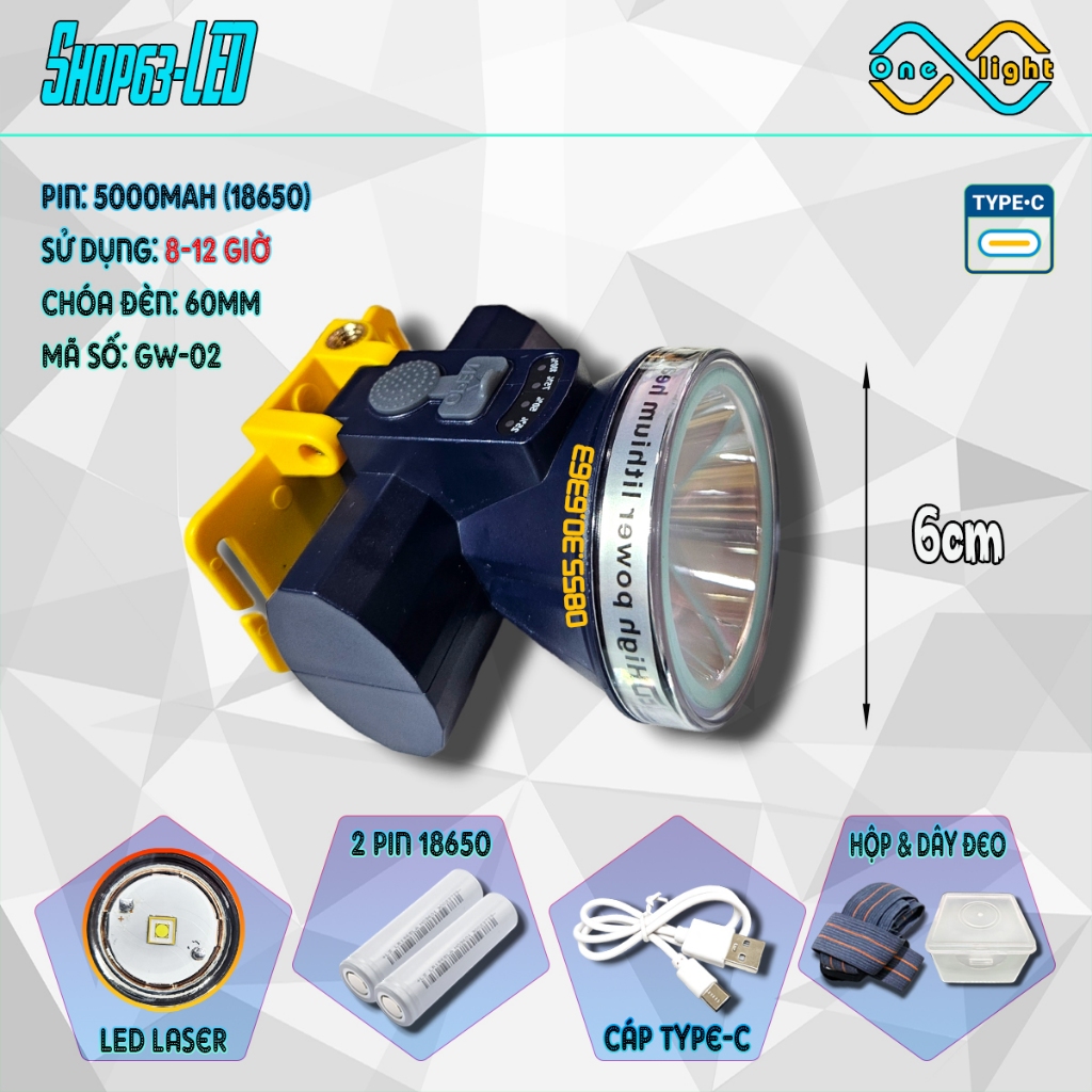 Đèn đội đầu chống nước cao cấp chóa 6cm, led laser sáng mạnh 10-12 giờ ...