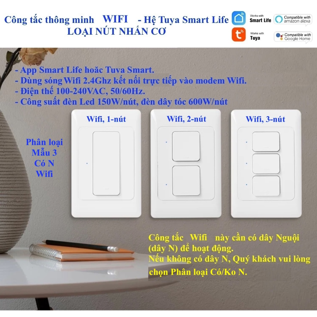 Công tắc thông minh Wifi, Zigbee, Nút nhấn cơ, App Tuya Smart Life ...