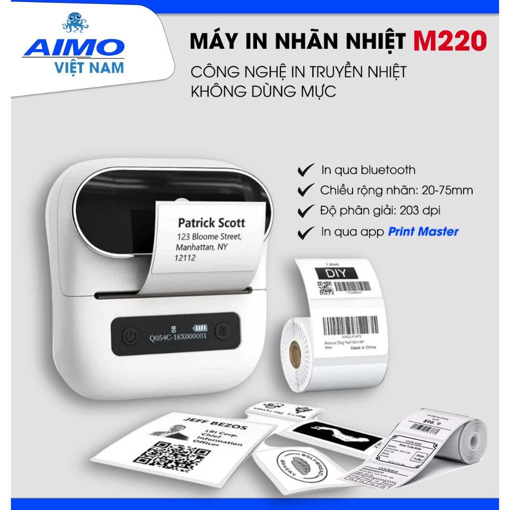 Máy In Nhãn Di Động Aimo M220 In Trực Tiếp Từ Điện Thoại, Ipad qua Bluetooth hoặc kết nối PC qua ...