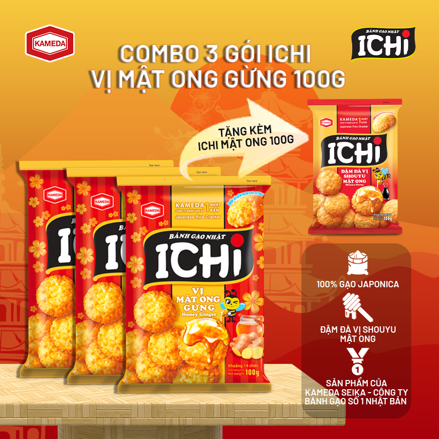 Combo 3 gói bánh gạo Nhật ICHi vị mật ong gừng, tặng kèm 1 gói ICHi 100g | Shopee Việt Nam