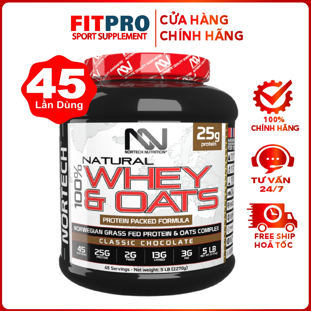 Nortech Whey & Oats (45 Serving), Bổ Sung 25g Grass Fed Whey Protein, Tinh Bột, Chất Xơ từ Yến ...