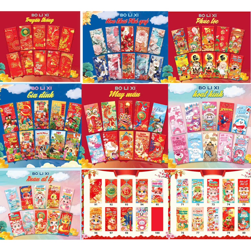 Bao Lì Xì 2025 Combo 100 Bao Lì Xì Tết 2025, Bao Lì Xì Tết Nhiều Chủ Đề ...