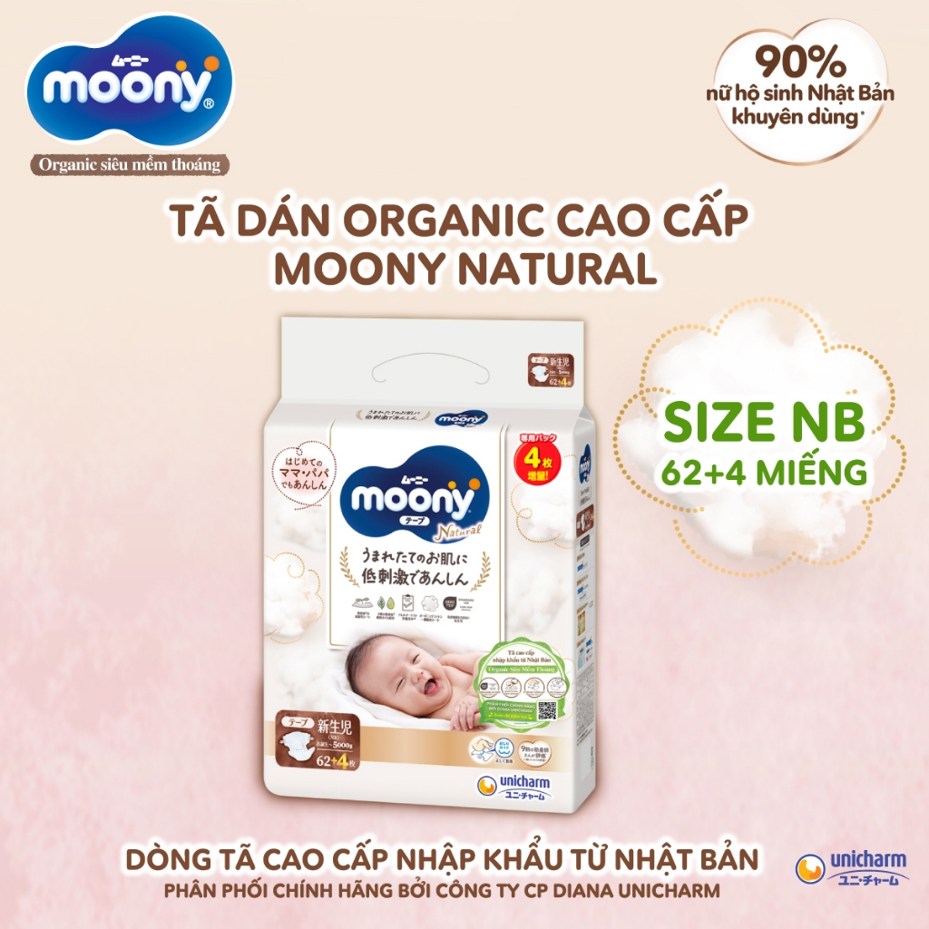 Tã/Bỉm dán Moony Natural (Moony trắng) siêu cao cấp cho Bé NB62/S58/M46 ...