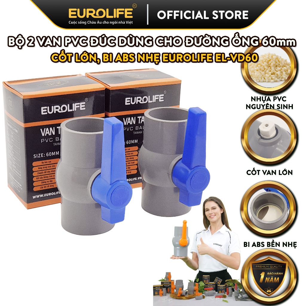Bộ 2 van PVC dùng cho ống nước 60mm Eurolife EL-VD60 (Xám xanh ...