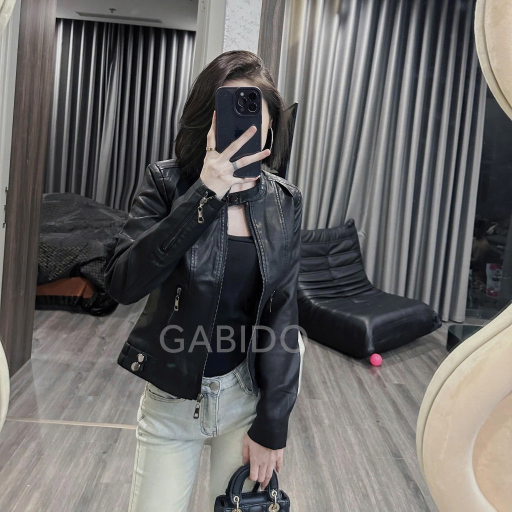 Áo da khoác nữ GABIDO khóa kéo cổ tròn phong cách hàn quốc cá tính 3 ...