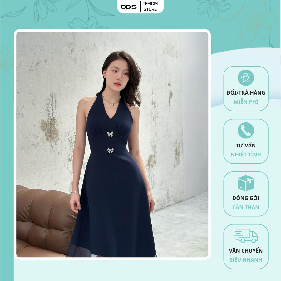 Đầm Yếm Xanh Đen ODS thiết kế hở lưng, gài nút cổ sau, nhún ngực, ôm eo ...