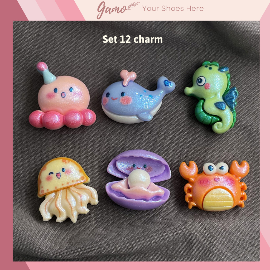 Set 12 Sticker, Charm 3D chủ đề Sinh vật biển 2 DIY Gamo gắn Dép Cross ...