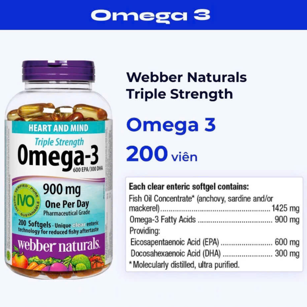 Omega 3 Triple Strength Webber Naturals 900mg 200 viên, dầu cá tinh ...