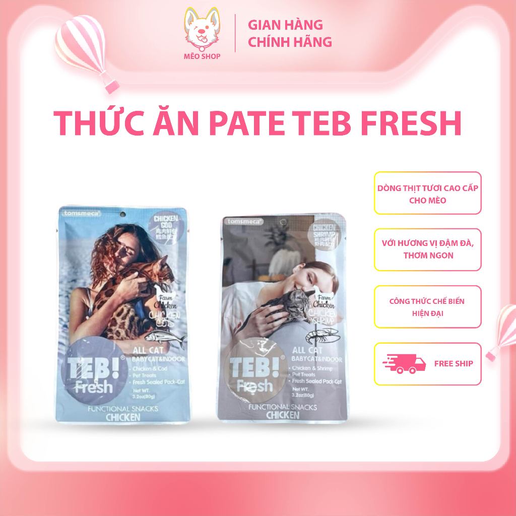 Thức ăn Pate Teb Fresh dòng thịt tươi cao cấp Gói 80g dành cho mèo mọi ...