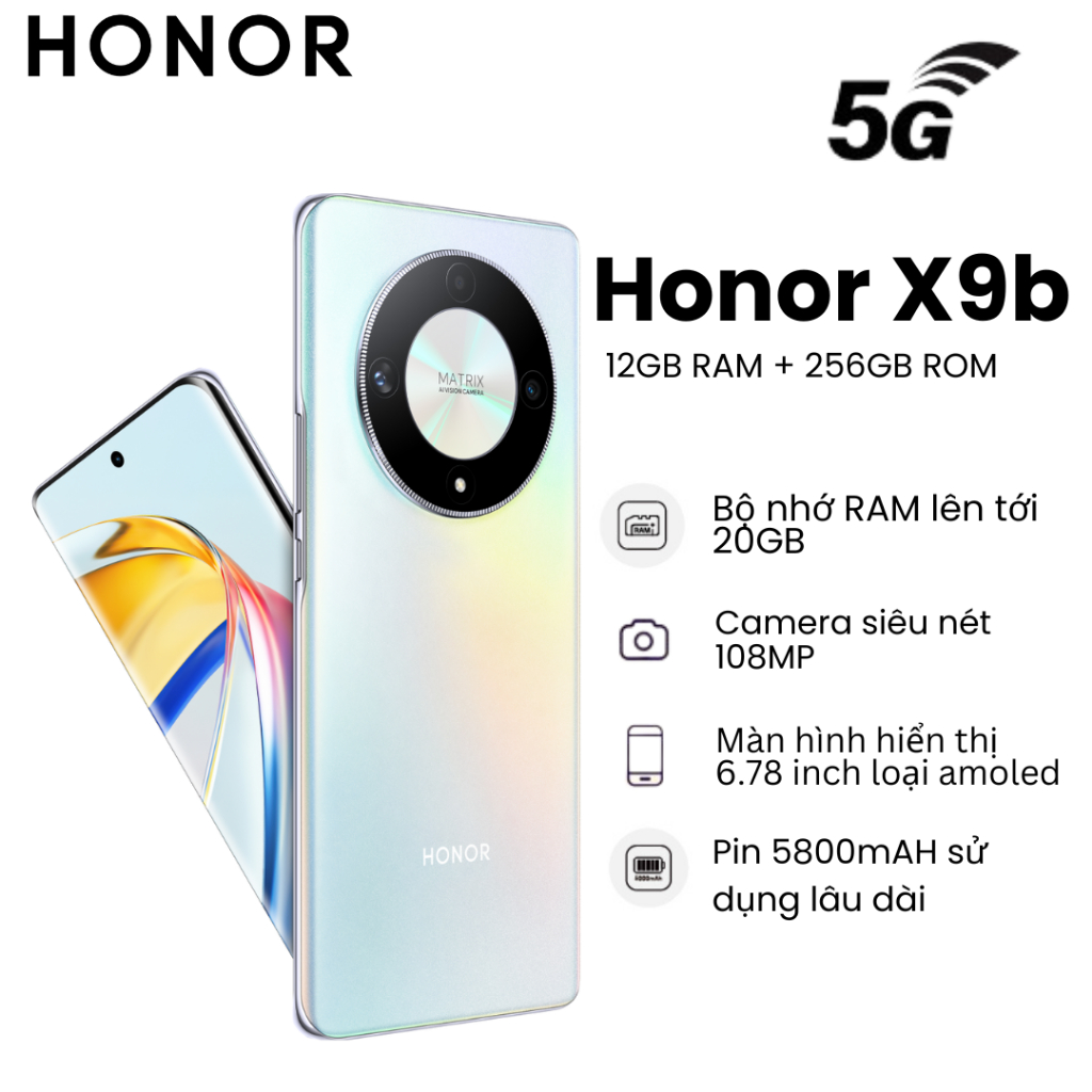 Điện thoại HONOR X9b 5G 12GB+256GB | Pin 5800mAh |Camera 108MP Phóng to x3| Chip Snapdragon 6 ...