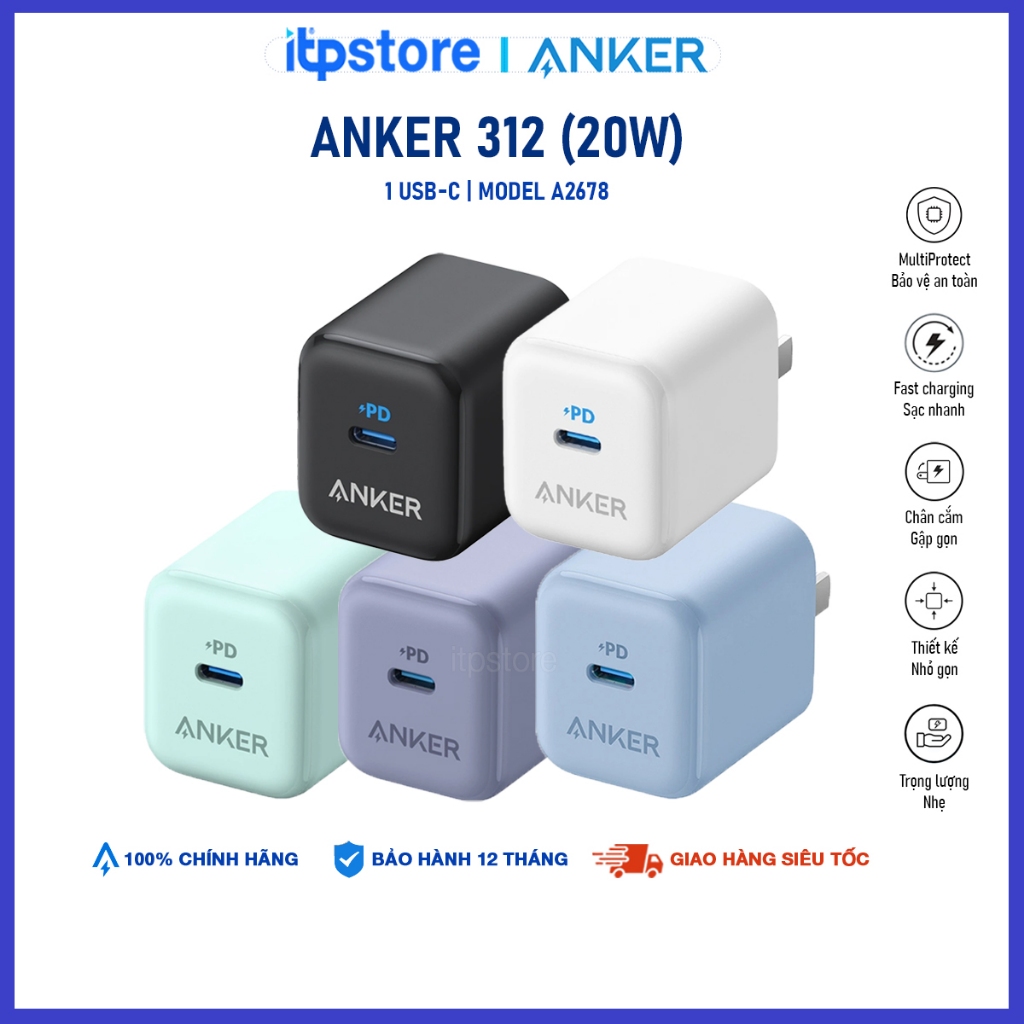 Củ sạc nhanh Anker 312 20W A2678 1 cổng sạc Điện thoại sạc Máy tính ...