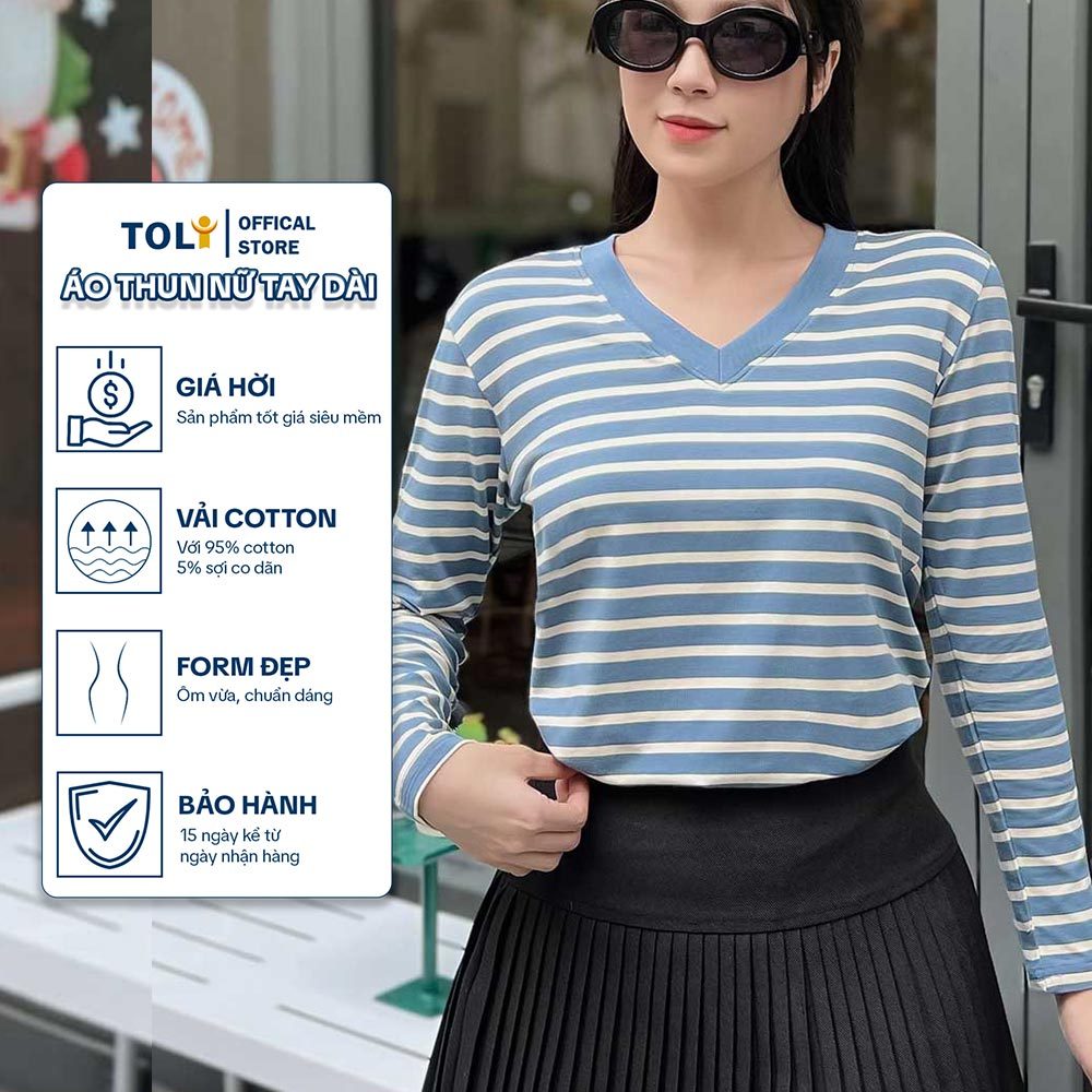 Áo thun tay dài nữ TOLI cổ tim sọc ngang, Form vừa dáng, vải cotton mềm ...