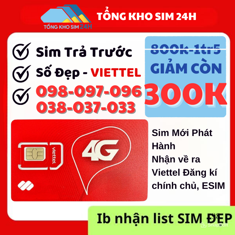 Sim Viettel số đẹp TRẢ TRƯỚC Đầu 09, 08, 03 Đồng giá 300k Đuôi Dễ nhớ ...