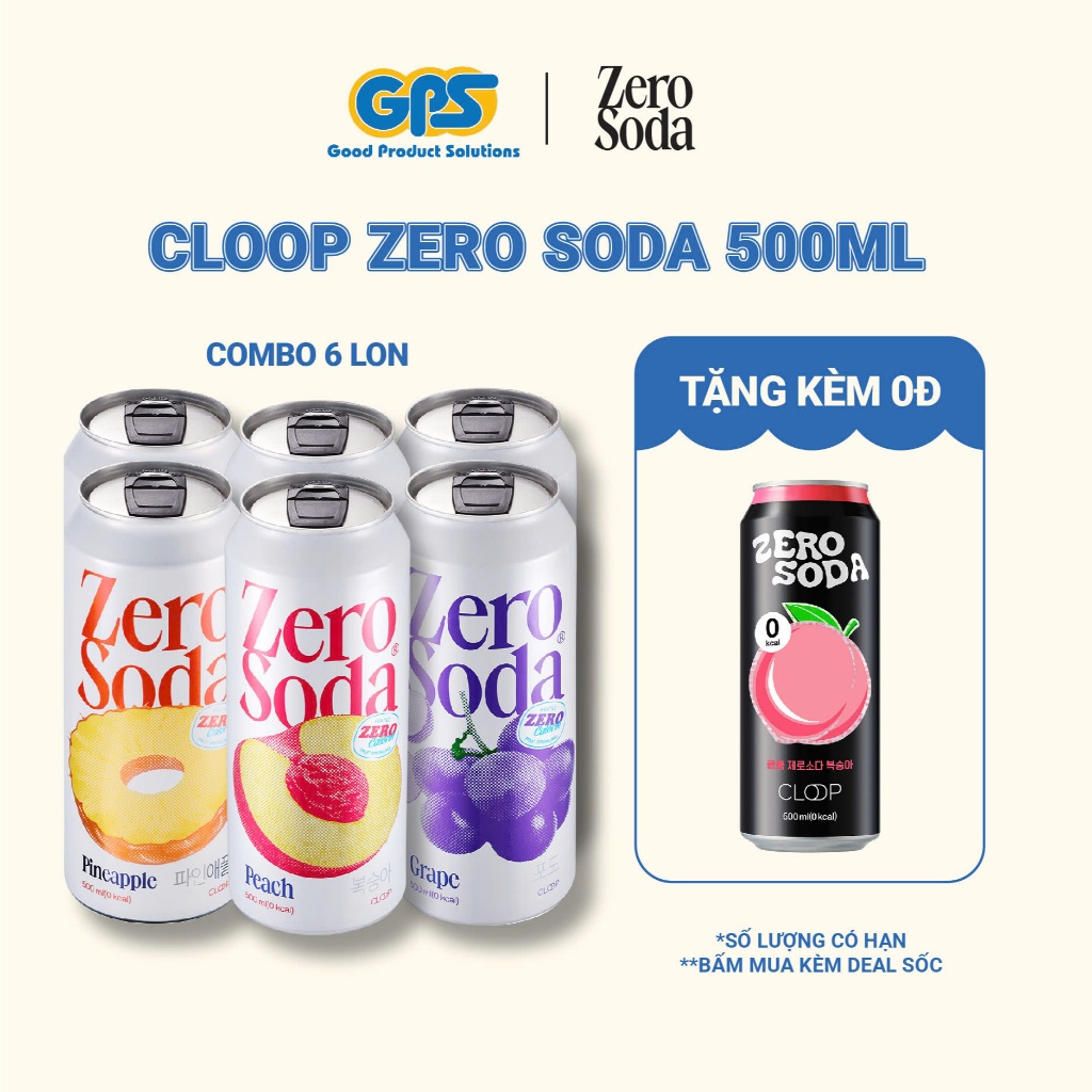 [Combo 6 Lon] Nước có ga Zero Soda 500ml (Đào/ Dứa/ Nho Tím) - Bao bì ...