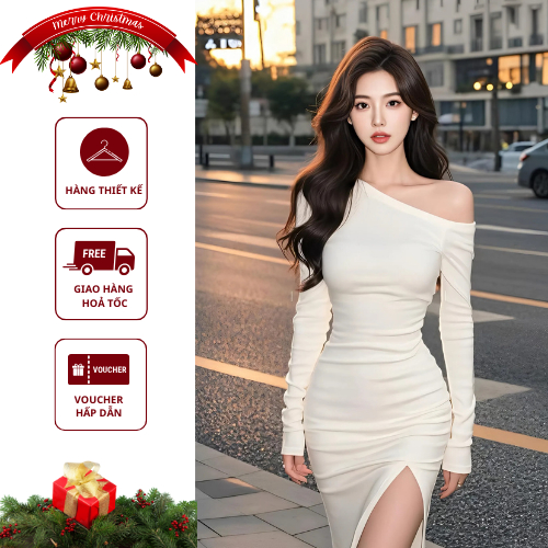 Đầm lệch vai dài tay Lunay phối váy sẻ tà cực sang chảnh [v394] | Shopee Việt Nam