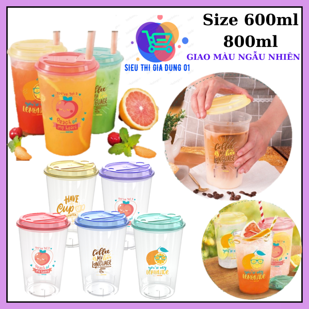 Ly Nhựa Trong Duy Tân 600ml/800ml, Có Nắp Cắm Ống Hút - Nắp Đậy An Toàn (Giao màu ngẫu nhiên ...
