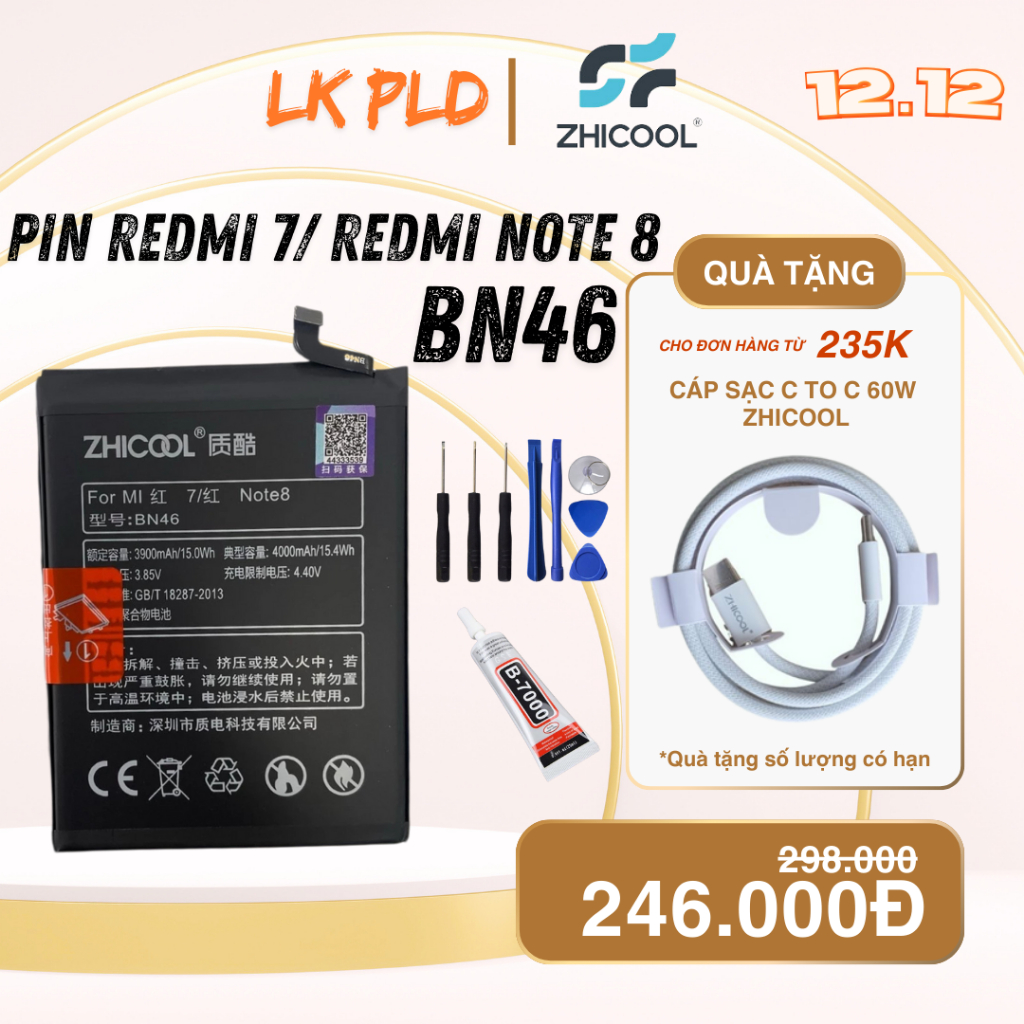 Pin Redmi Note 8 Zhicool, BN46,Redmi 7. Pin new 100%, date 2024, Tặng ...