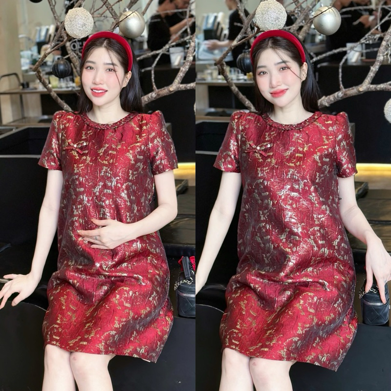 EVERMOM l Đầm bầu Haley dự tiệc chất gấm 3D cổ tết bính phối nơ ngực ...