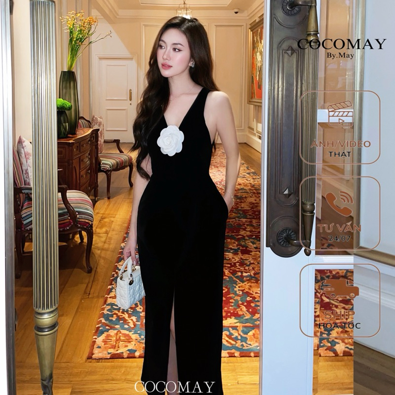 COCOMAY Đầm cổ V xẻ tà midi Đen / Đỏ (tặng kèm hoa trà đính) Nữ Women Dress | Shopee Việt Nam