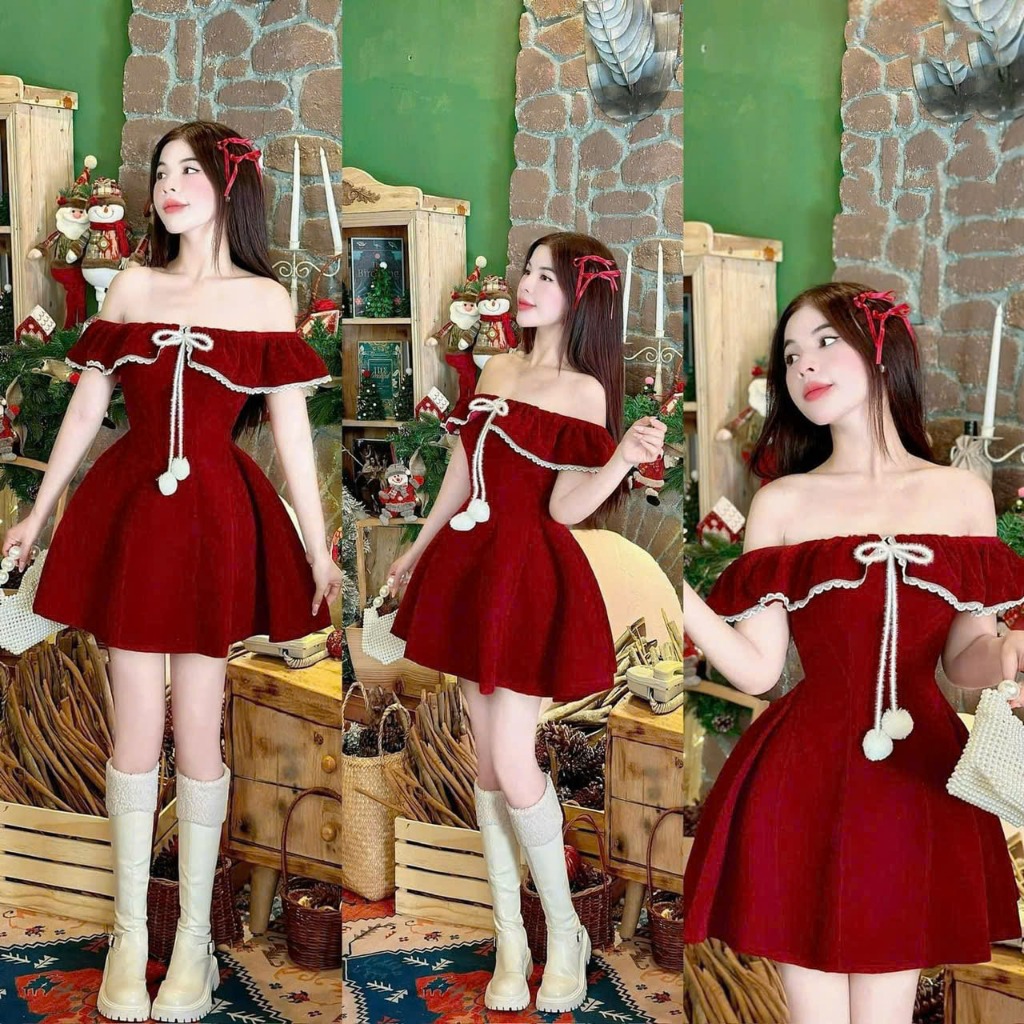 đầm nhung đỏ đi chơi Noel trễ vai xếp bèo kiểu váy xòe ngắn trẻ trung ...