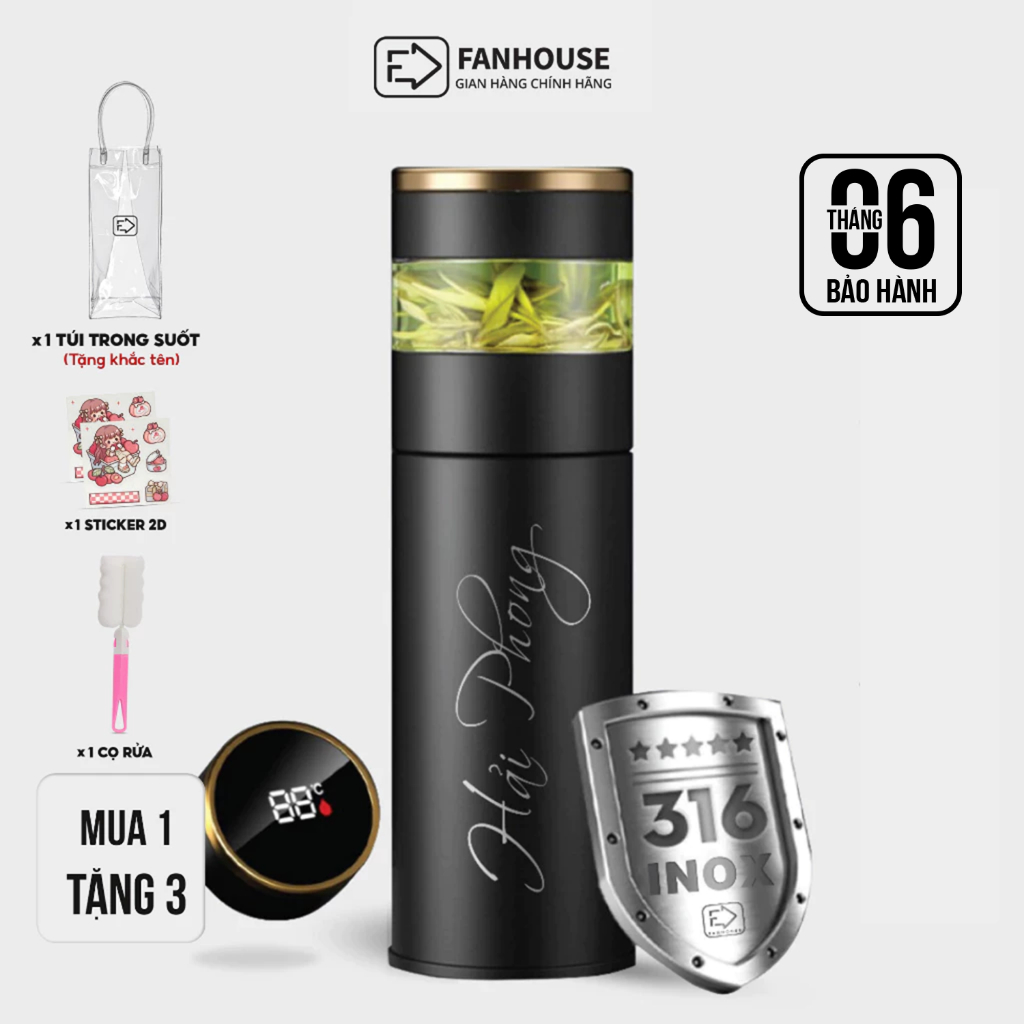 Bình giữ nhiệt Tea Led 450ml cao cấp 12h Fan House bình nước toàn bộ bằng inox 316, khắc tên ...