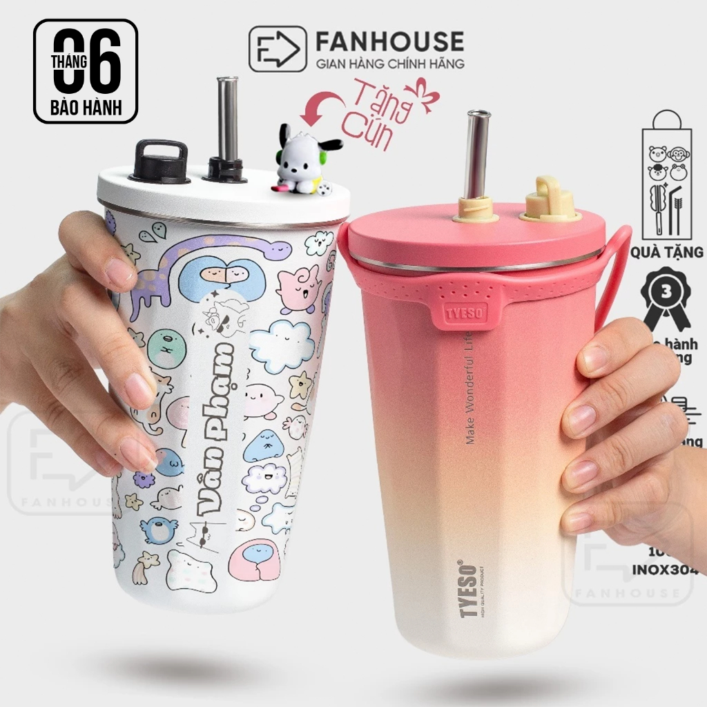 Ly giữ nhiệt Tyeso Wonder chính hãng 600ml Fan House bình nước giữ nhiệt inox 304 có ống hút ...