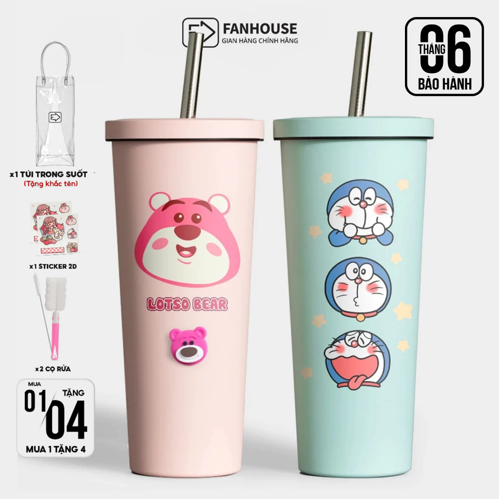 Ly giữ nhiệt Pastel 830ml hút trà sữa bình giữ nhiệt 16h Fan House inox 304 có ống hút trân châu ...