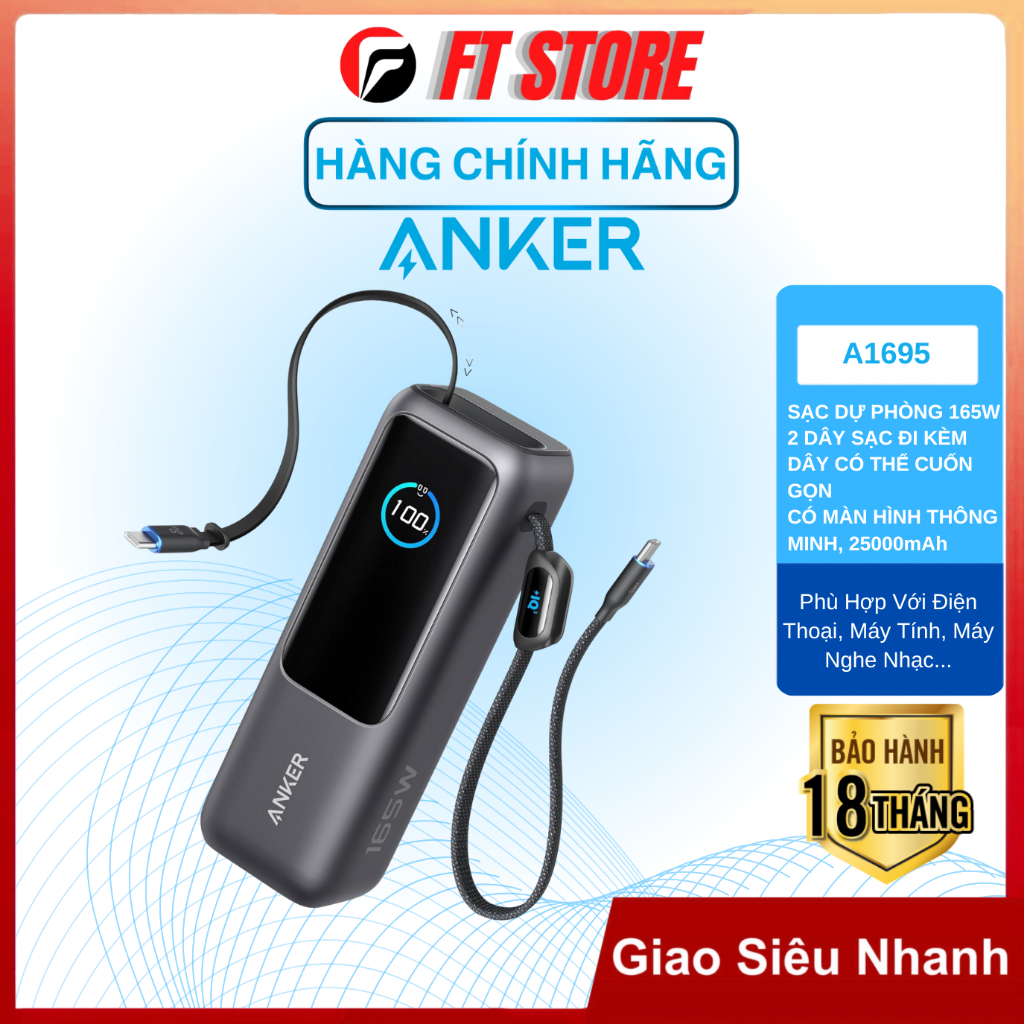 Pin dự phòng Anker Zolo Power Bank 25000mAh A1695 công suất 165W có cáp USB-C tích hợp thò thụt ...