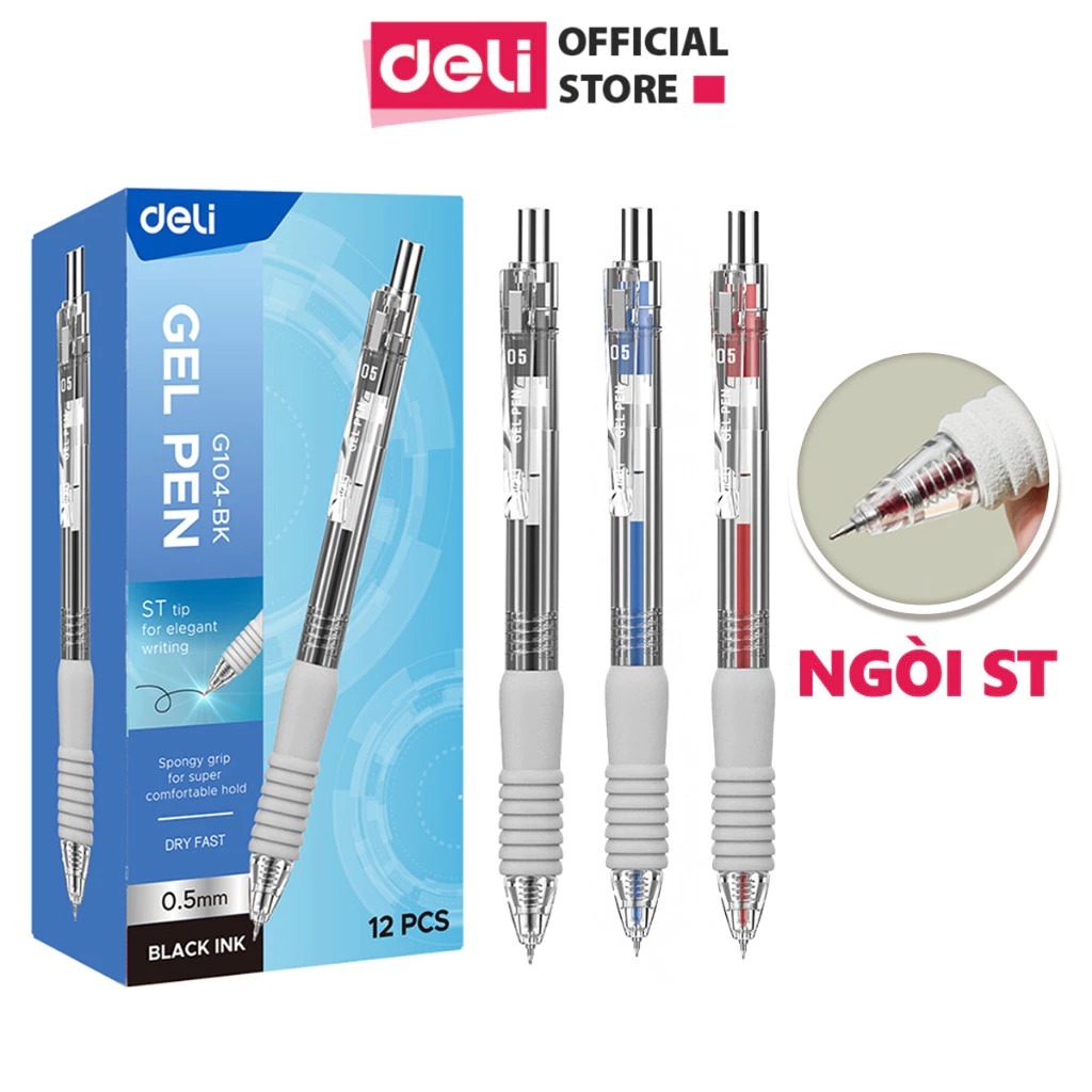 COMBO BÚT GEL ĐỆM XỐP DELI EG104 NGÒI 0.5MM, MỰC ĐEN, XANH, ĐỎ. BÚT ...