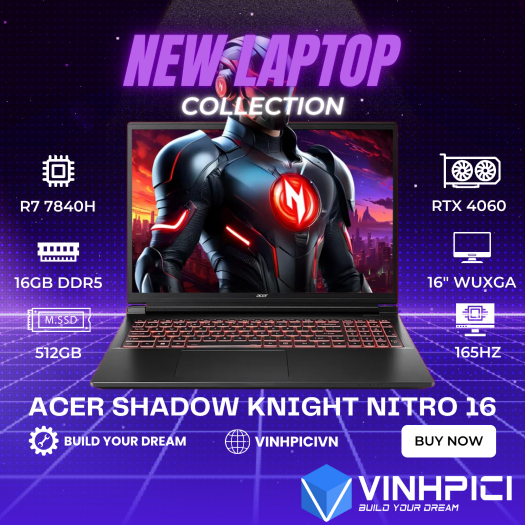 Laptop Acer Shadow Knight (Nitro 16) (R7-7840H/ RTX 4060/ Ram 16GB/ SSD ...