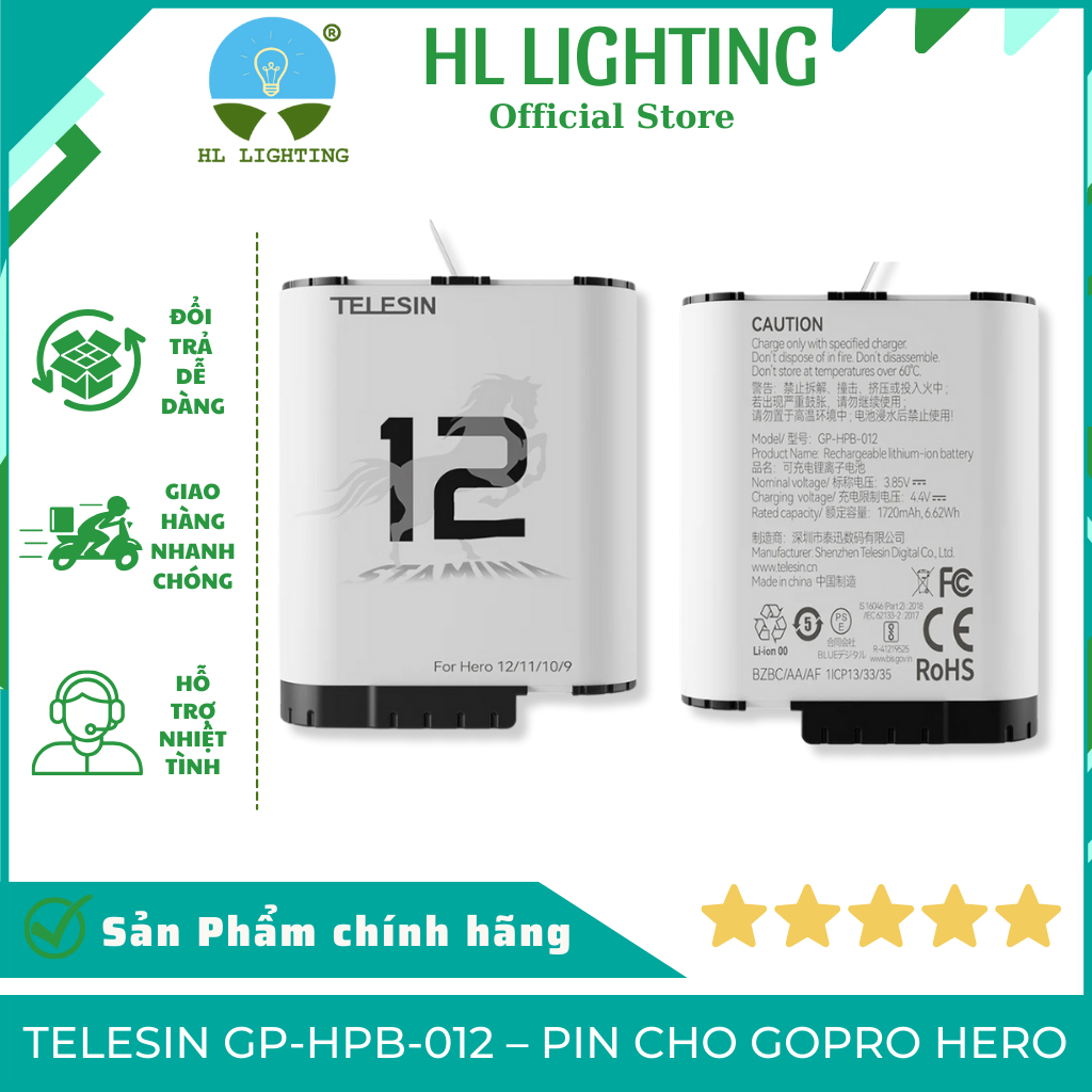 Pin Telesin GP-HPB-012 Cho GoPro Hero 9/10/11/12 - Dung Lượng 1720mAh, Sạc Nhanh HL Lighting ...