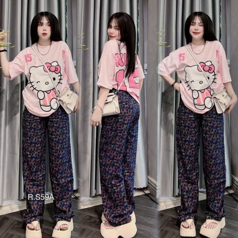 Set Bộ JEAN SUÔNG KITTY Xu Hướng ,Bộ Áo Phông Ngắn Tay Kèm Quần JEAN ...