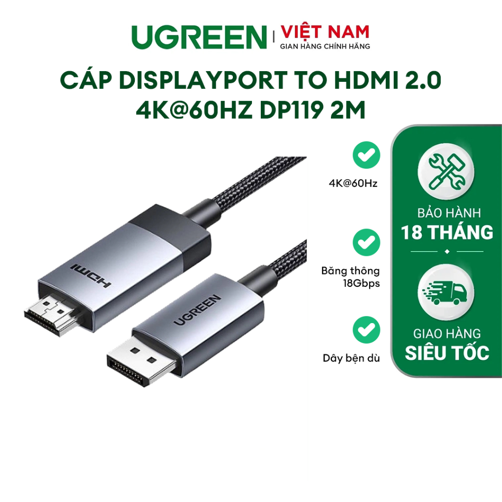 Cáp Displayport to HDMI 2.0 Ugreen DP119 2M | Hỗ trợ 4K@60Hz | Truyền dữ liệu 18Gbps | Bảo hành ...