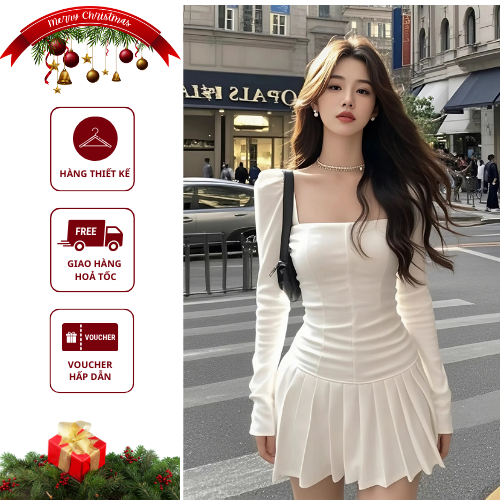 Váy cổ vuông Lunay phối váy xếp li dáng nữ tiểu thư [V362] | Shopee Việt Nam