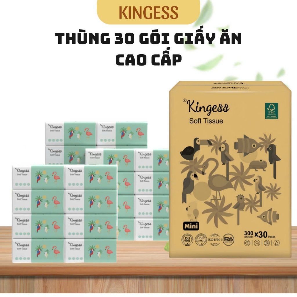 Thùng 30 Gói Giấy Ăn Cao Cấp Kingess Động Vật Xanh 3 Lớp 300 Tờ Dai Mềm ...