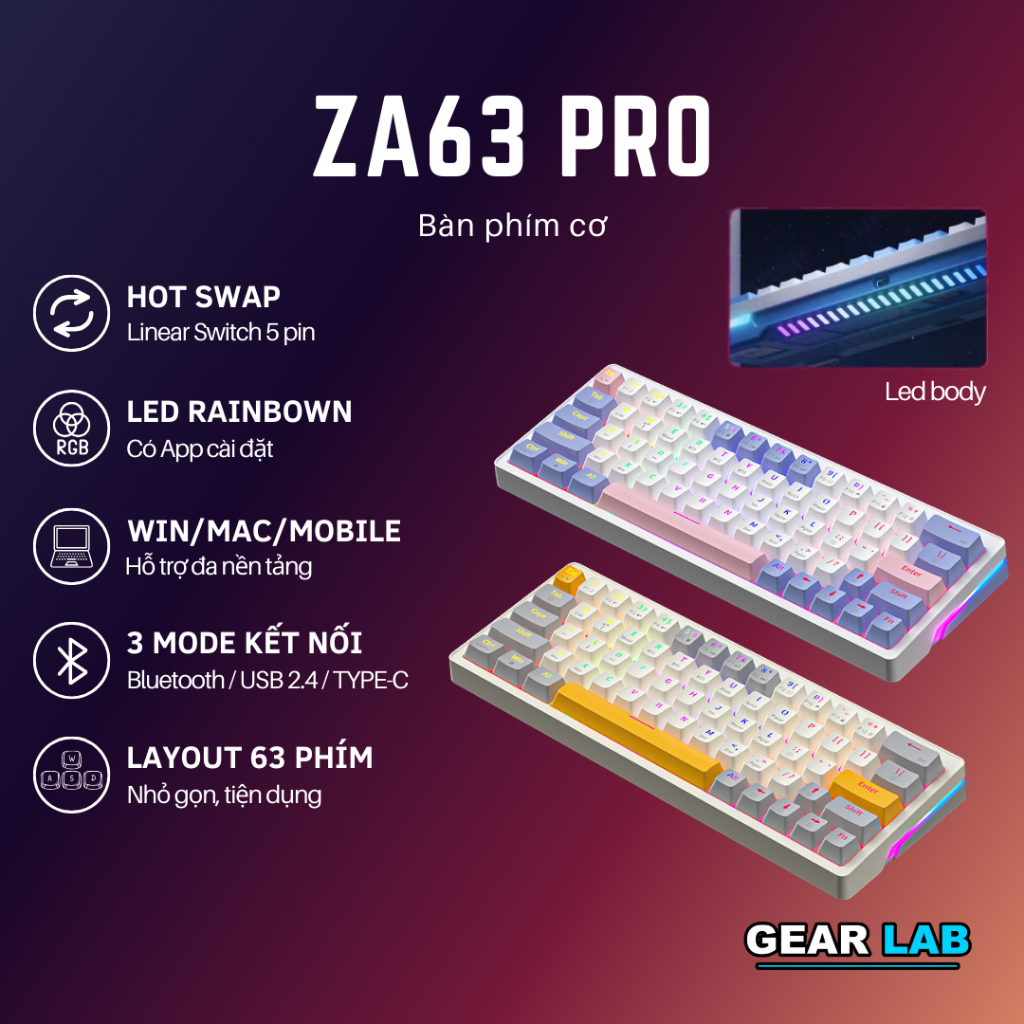 Bàn phím cơ không dây Bluetooth ZA63 Pro - Hotswap 5 PIN, Switch Linear ...