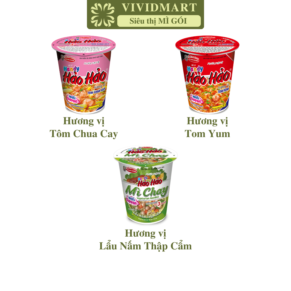 [LY LẺ] - ACECOOK - Mì ly Handy Hảo Hảo 3 vị: Tôm chua cay, Tomyum và lẩu nấm thập cẩm chay (66g ...