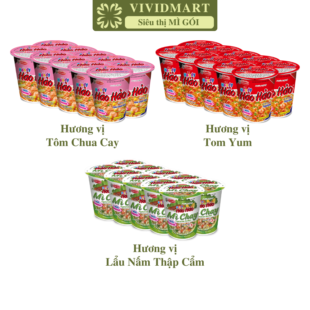 [SET 10 LY] - ACECOOK - Mì ly Handy Hảo Hảo 3 vị: Tôm chua cay, Tomyum và lẩu nấm thập cẩm chay ...