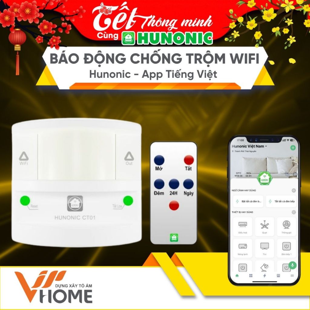 Thiết Bị Chống Trộm, Báo Khách WiFi Hunonic CT01, App Tiếng Việt, Phát Hiện Chuyển Động, Còi Hú ...