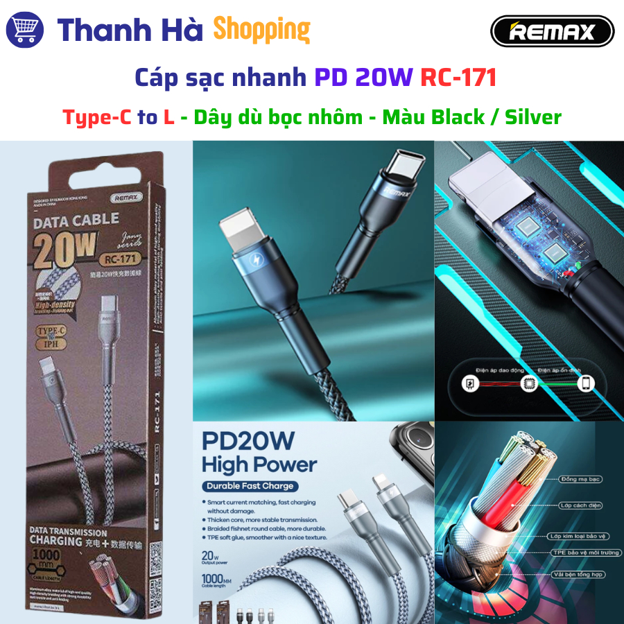 Cáp sạc nhanh REMAX Jany PD20W RC-171 (C to L) - Hợp kim nhôm - Dây dù ...