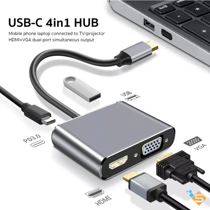 Hub TypeC 4 trong 1 USB-C 3.1 Sang HDMI 4K, PD 100W, VGA USB 3.0 Cho PC/Laptop Mobile Bảo Hành 1 ...