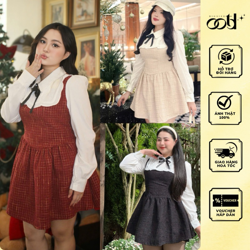 Đầm tweed dạ bigsize tay dài xếp li ngực [OOTD BIGSIZE 60-90KG ...