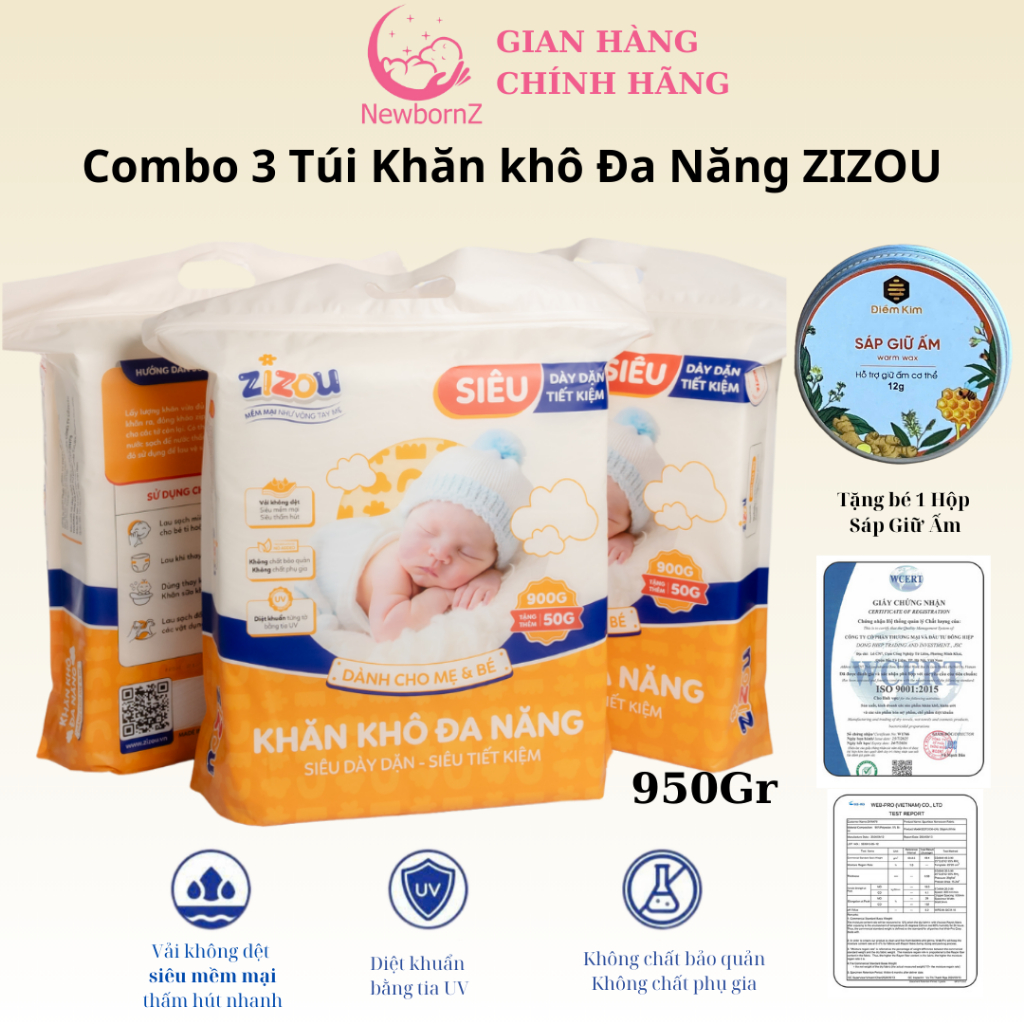 [Combo 3 Túi] Khăn Khô Đa Năng ZIZOU Dành Cho Mẹ Và Bé -Nguyên liệu thiên nhiên- An toàn 650gr ...