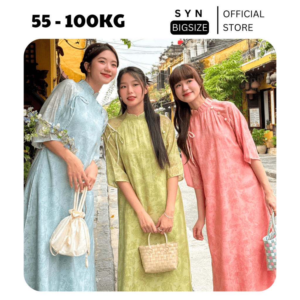 Set áo dài cách tân nữ bigsize Bích Giản họa tiết hoa phối nơ cúc bọc duyên dáng kèm quần lụa ...