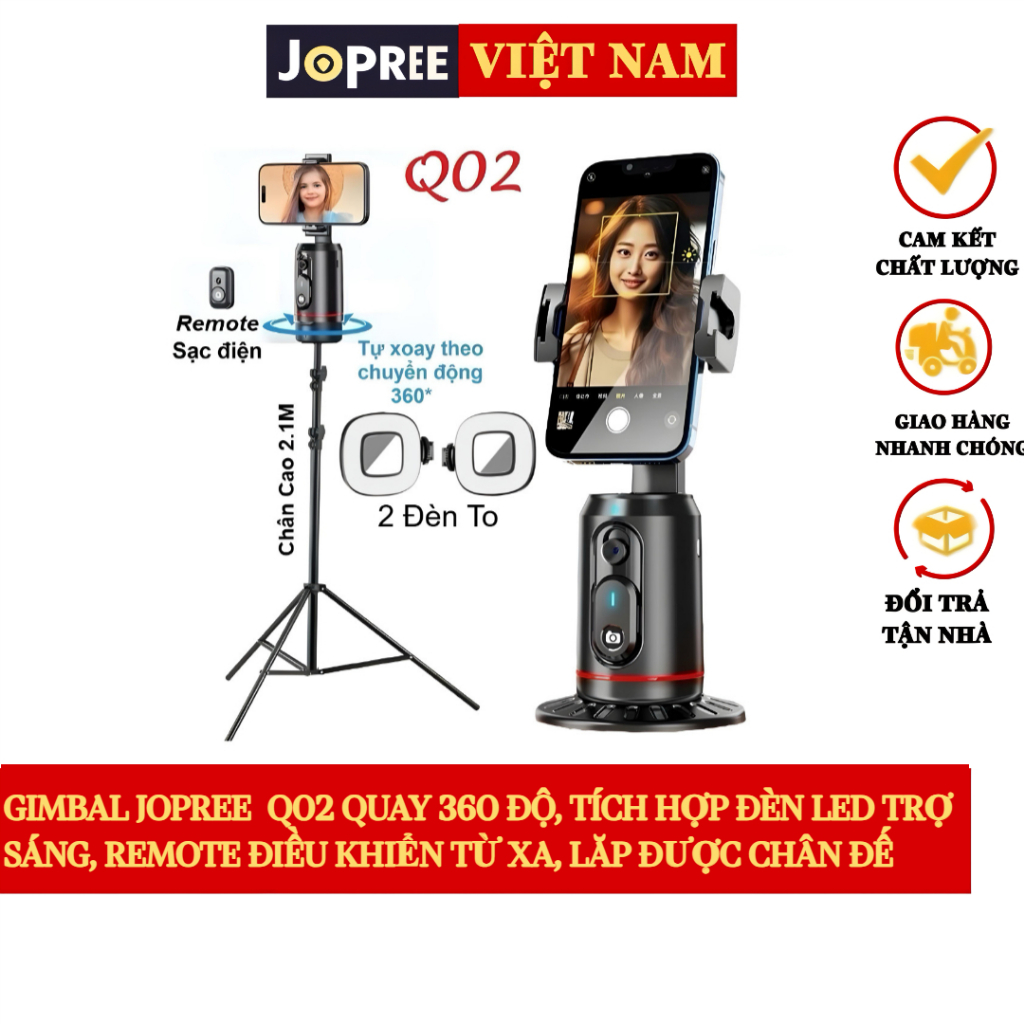 GIMBAL JOPREE Q02 QUAY 360 ĐỘ, TÍCH HỢP ĐÈN LED TRỢ SÁNG, REMOTE ĐIỀU KHIỂN TỪ XA, LĂP ĐƯỢC CHÂN ...