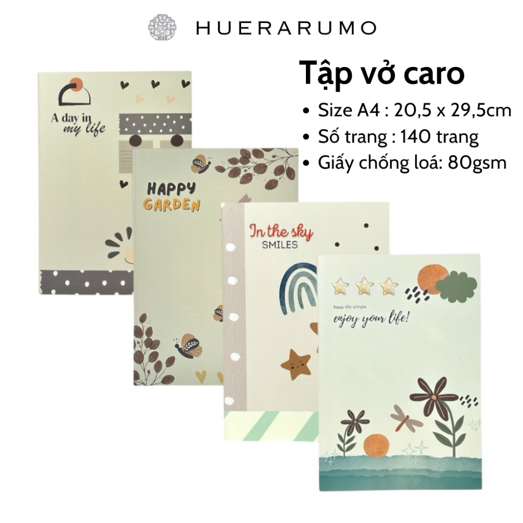 Vở caro A4 140 trang HUERARUMO, gáy khâu chỉ bước dài dấu ngoài, giấy ...