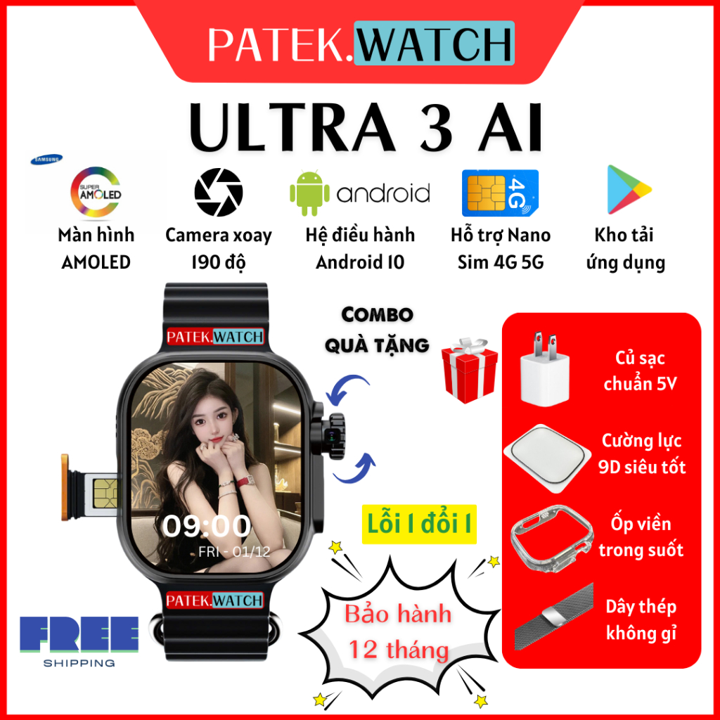 Đồng Hồ Thông Minh Lắp Sim 4G ULTRA 3 AI Android Màn AMOLED HD 120Hz ...