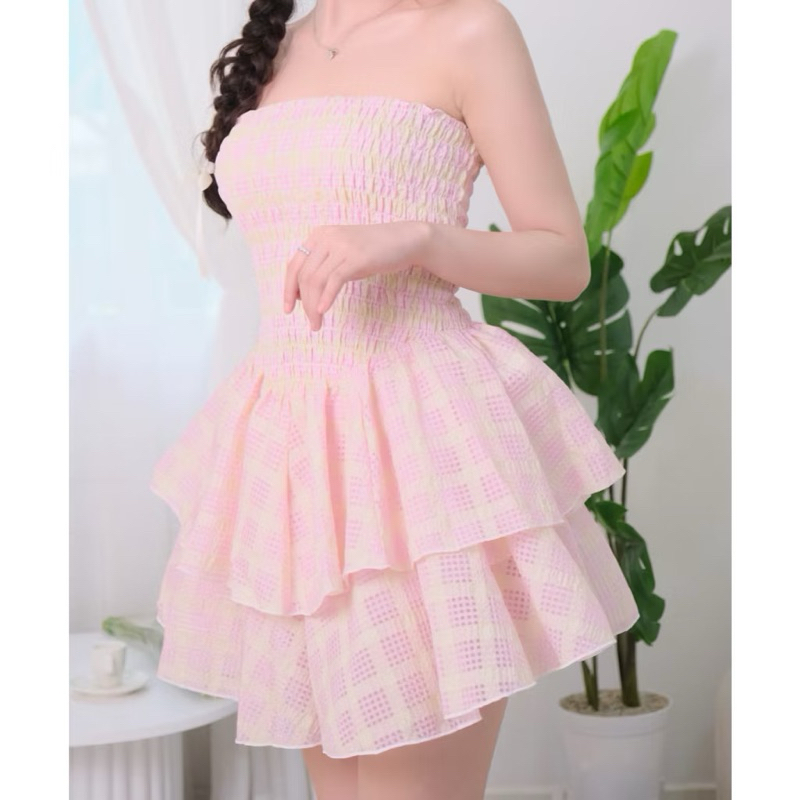 (PASS MẶC 1 LẦN) Set bộ nhún cúp ngực caro hồng ánh kim tuyến | Shopee ...
