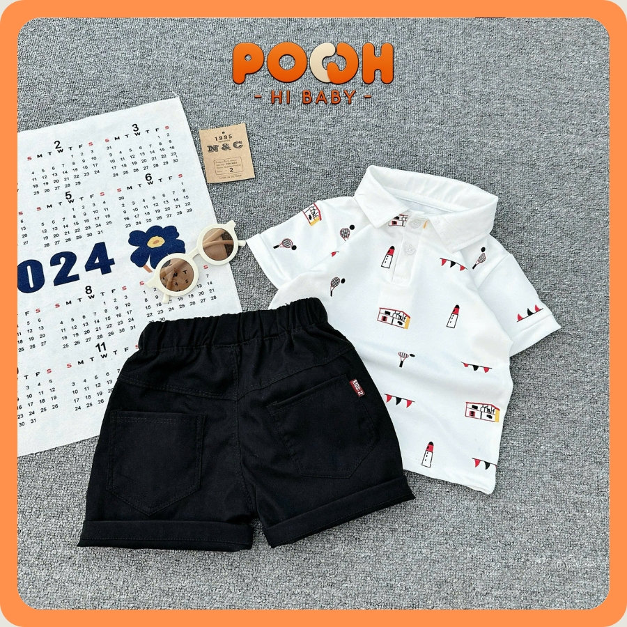 (8-27kg) Set Bộ Áo Polo Trắng In Họa Tiết Chiếc Bút + Quần Kaki Đen | Bộ Áo Cún+Quần Bò | Phong ...